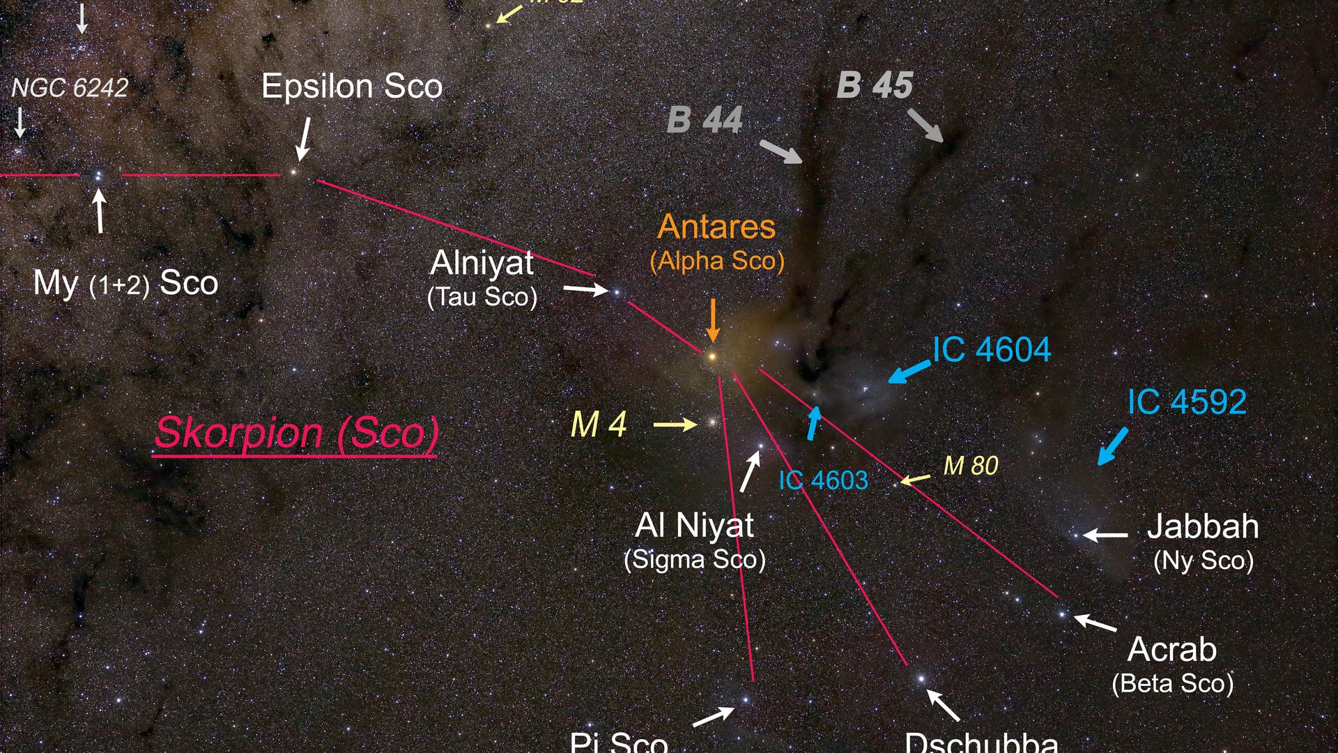Antares-Region über Namibia – beschriftete Übersicht - Spektrum der Wissenschaft